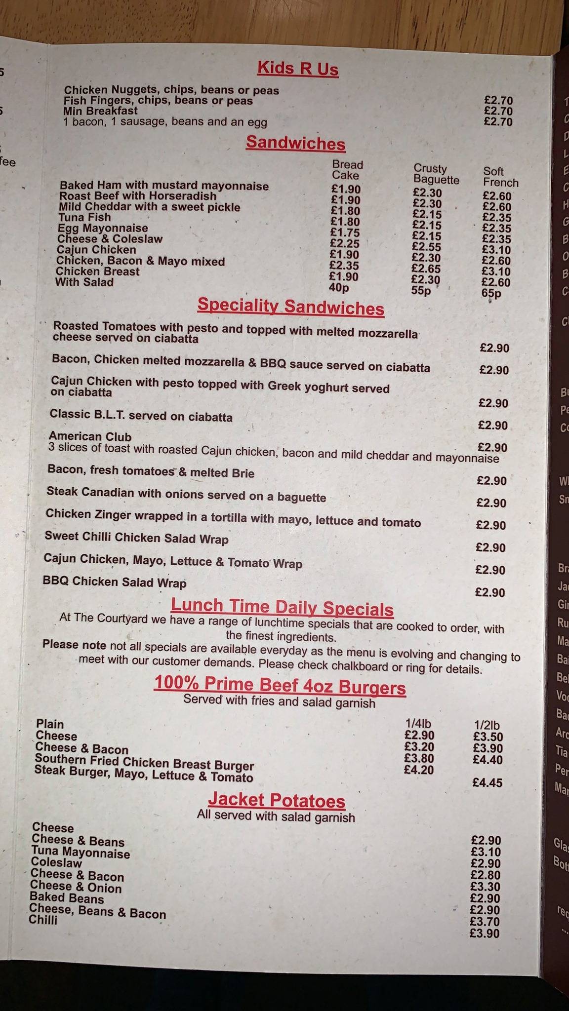 Menu at Courtyard Cafe & Bar, Sheffield
