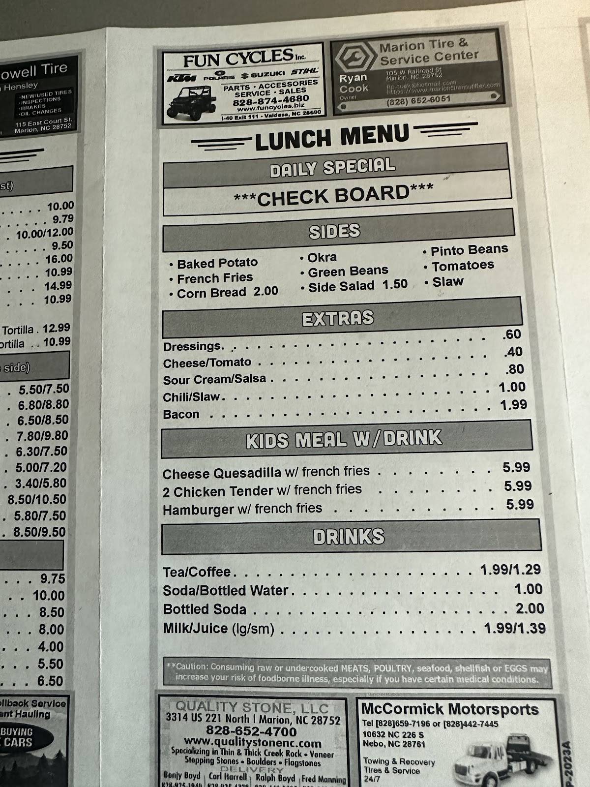 Menu at Shelba's Place restaurant, Marion