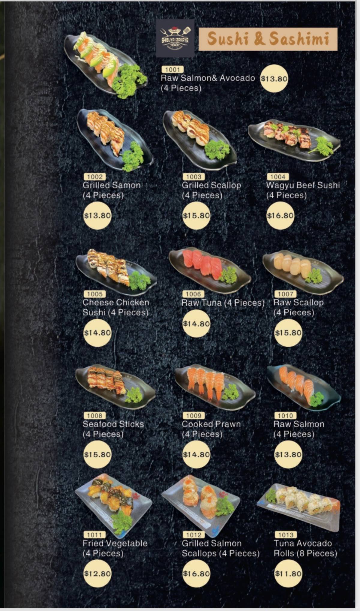 Menu at Shibuya Izakaya Mackay restaurant, Mackay