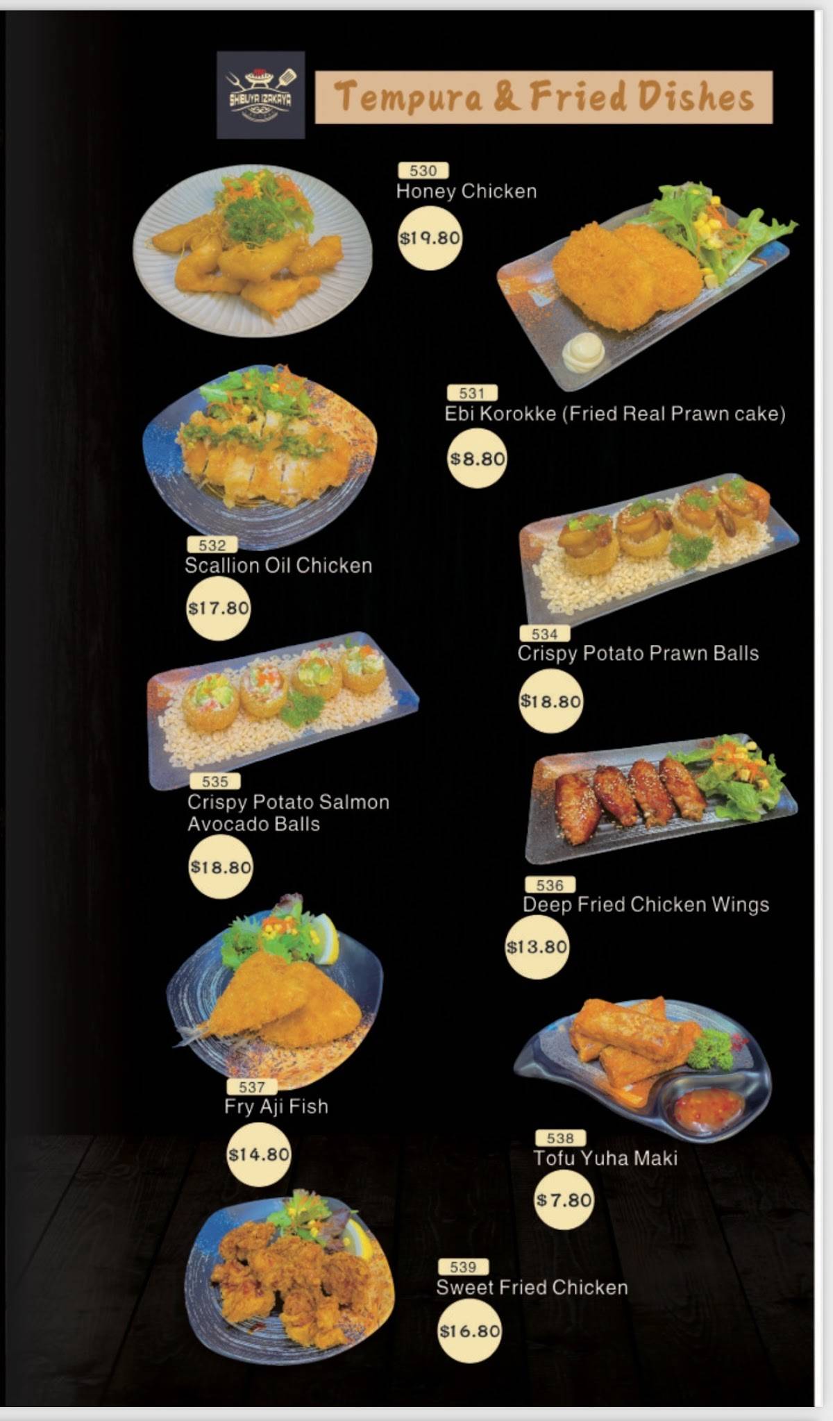 Menu at Shibuya Izakaya Mackay restaurant, Mackay
