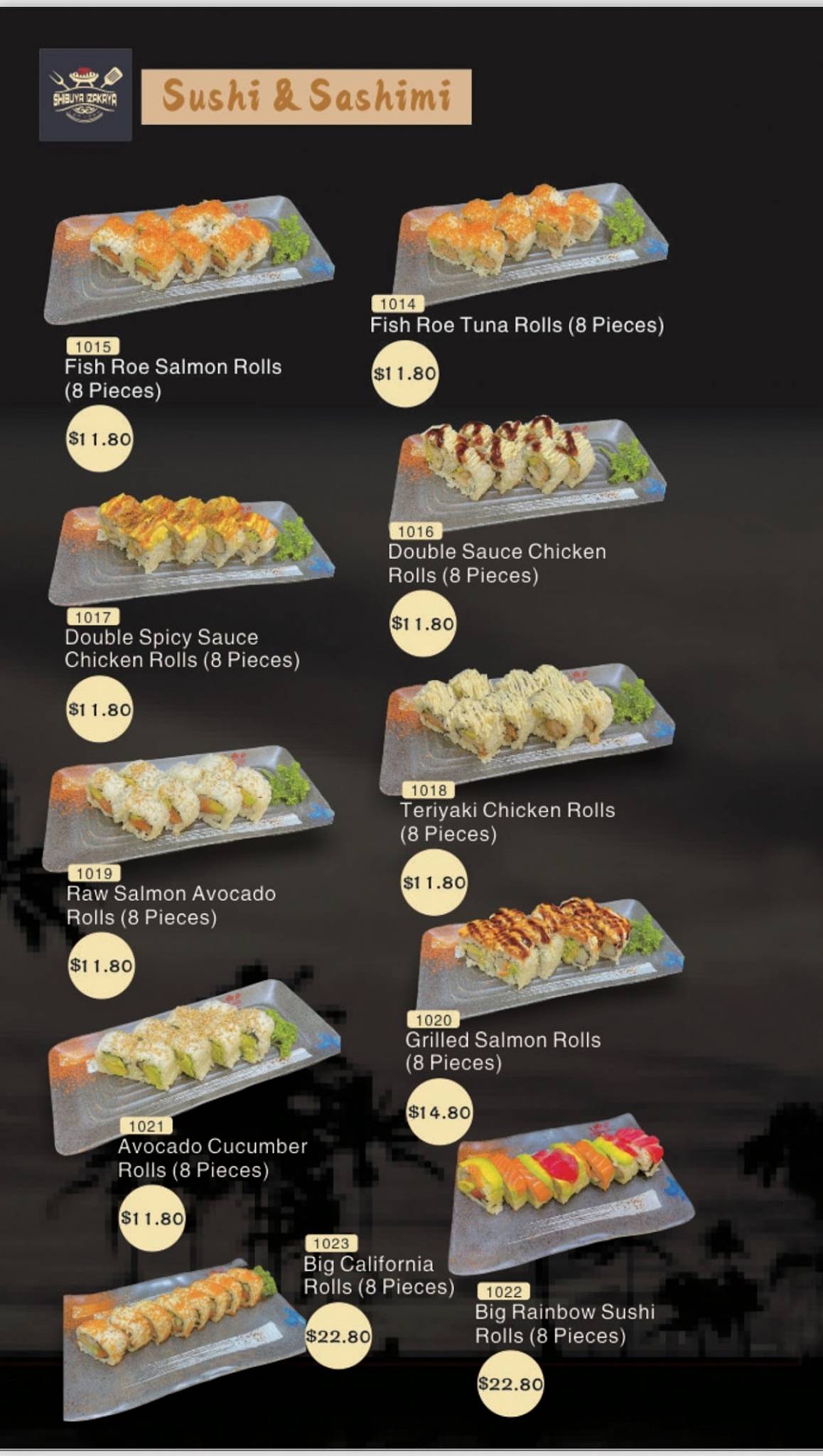 Menu at Shibuya Izakaya Mackay restaurant, Mackay