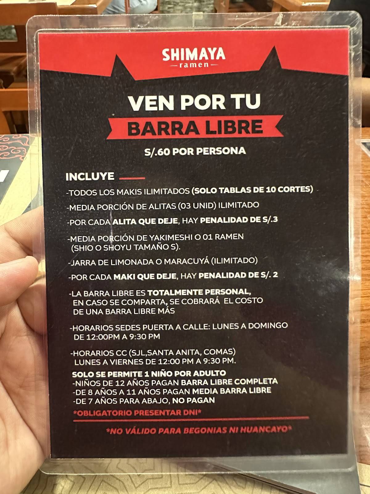 Carta de Shimaya Restaurant, Pueblo Libre, Av. Manuel Cipriano Dulanto 1589