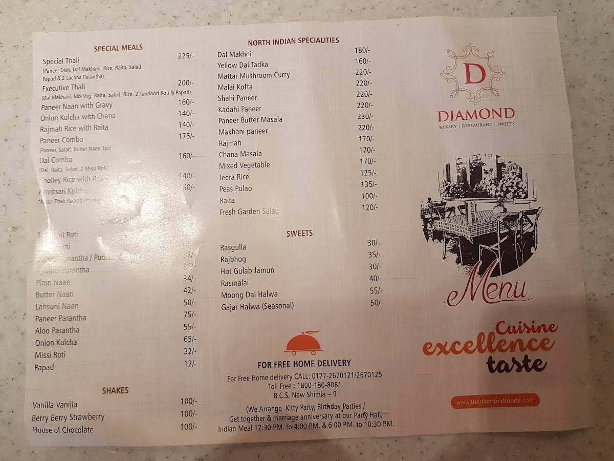 Menu at Diamond Best Bakery Sweets, Restaurant & Groceries, Shimla