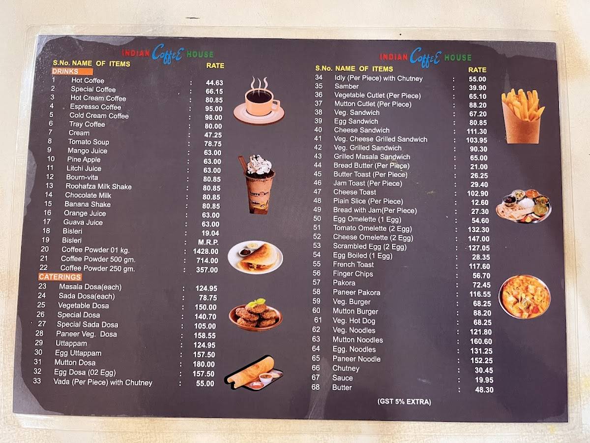 Menu at Indian Coffee House, Shimla, 1