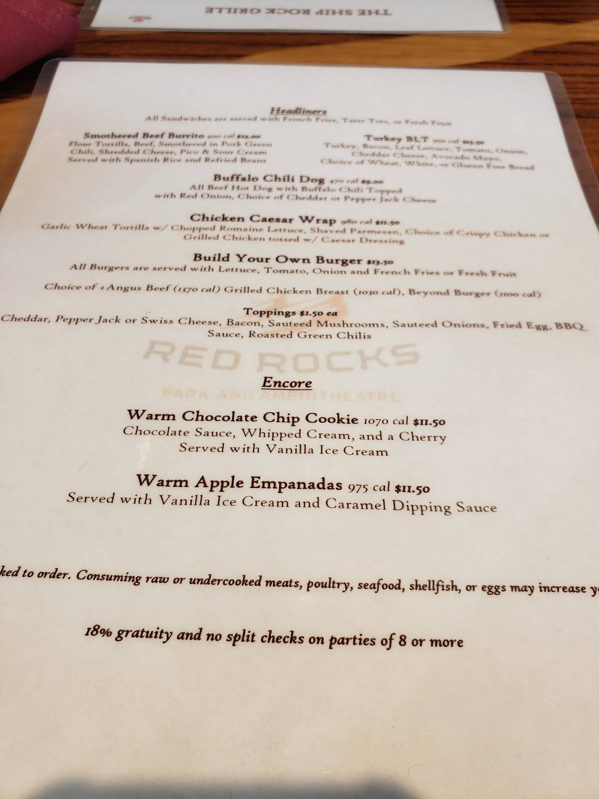 Menu at Ship Rock Grille pub & bar, Morrison
