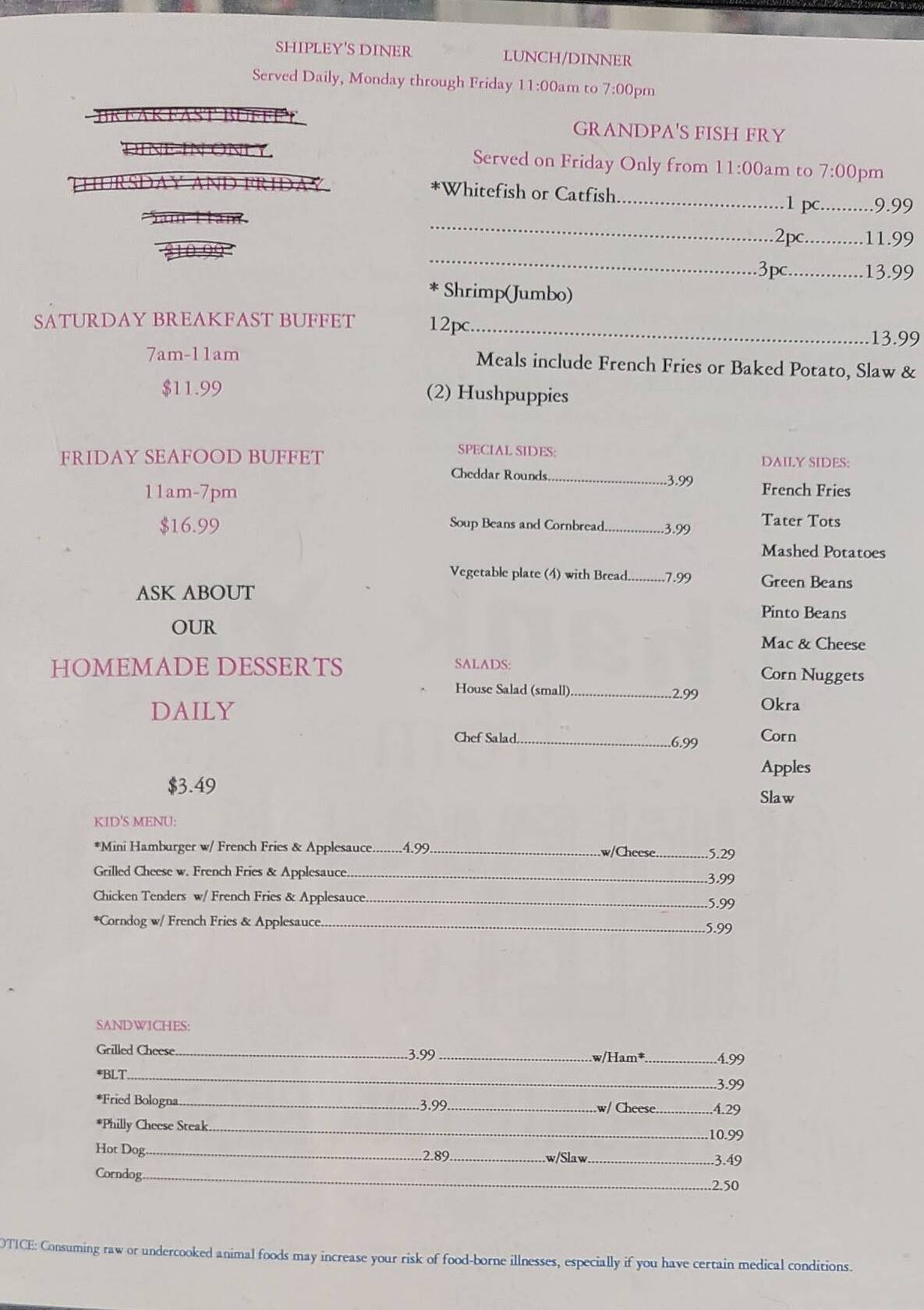 Menu at Shipley's Diner restaurant, Kingsport