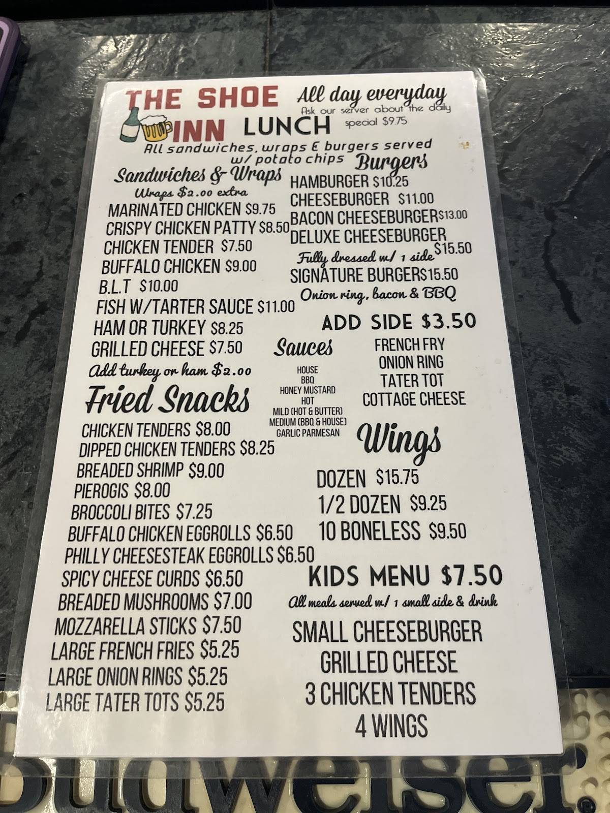 Menu at Shoe Inn restaurant, Van Etten