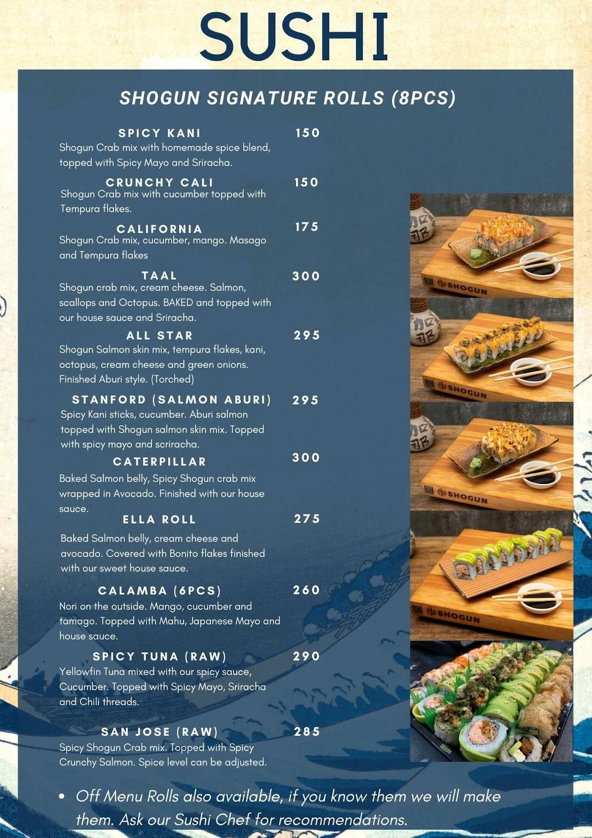 Menu at Shogun restaurant, Silang