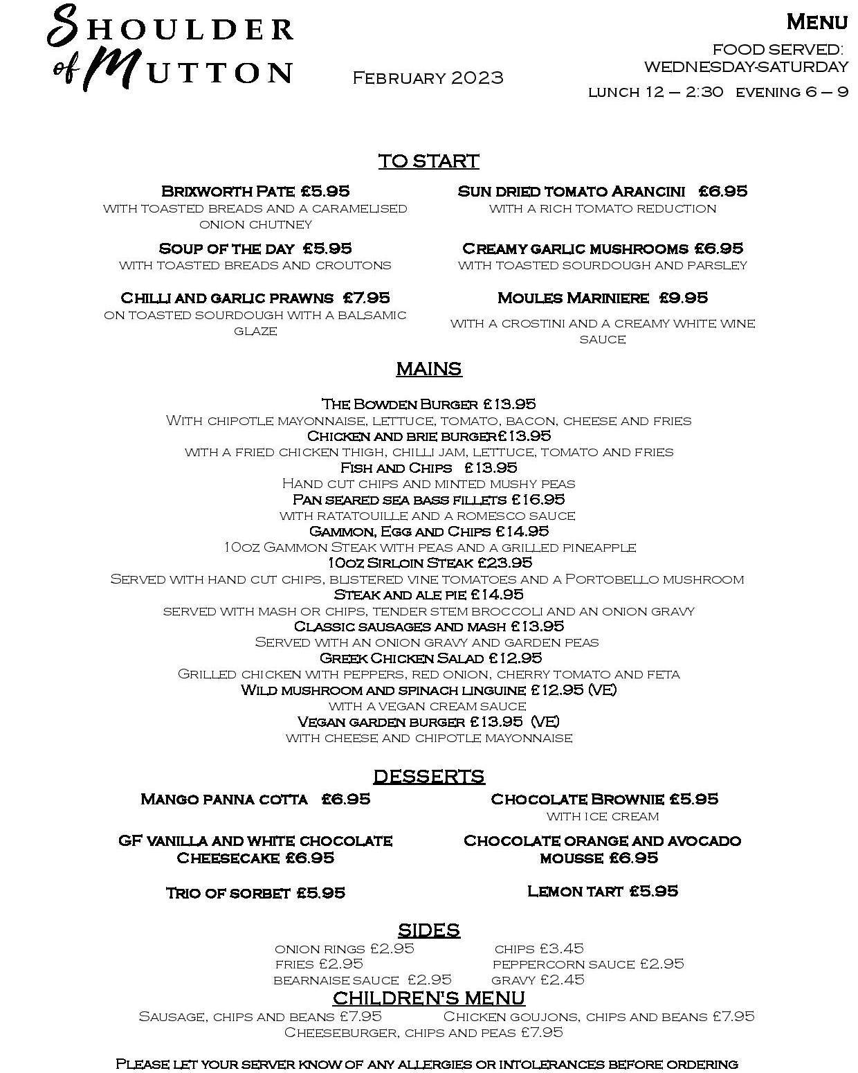 Carta del pub y bar Shoulder Of Mutton, Market Harborough, 9 The Grn