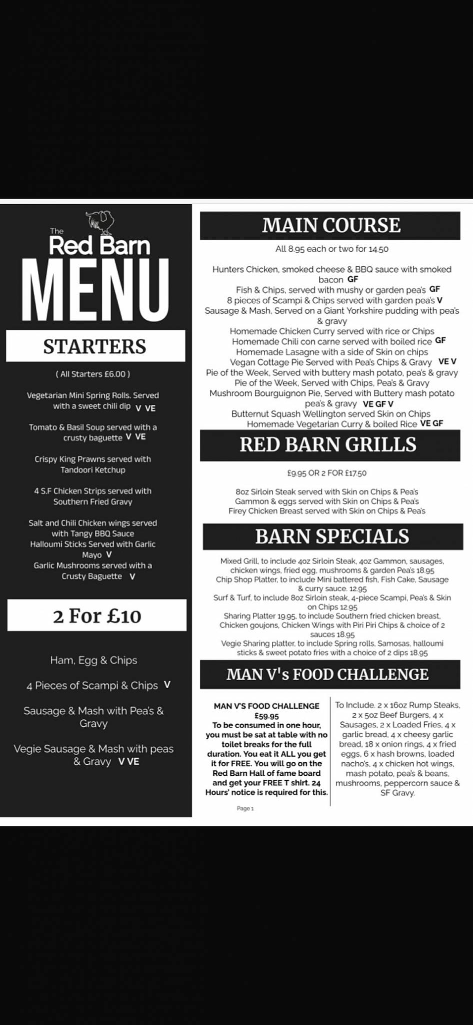 Menu at Red Barn, Shrewsbury
