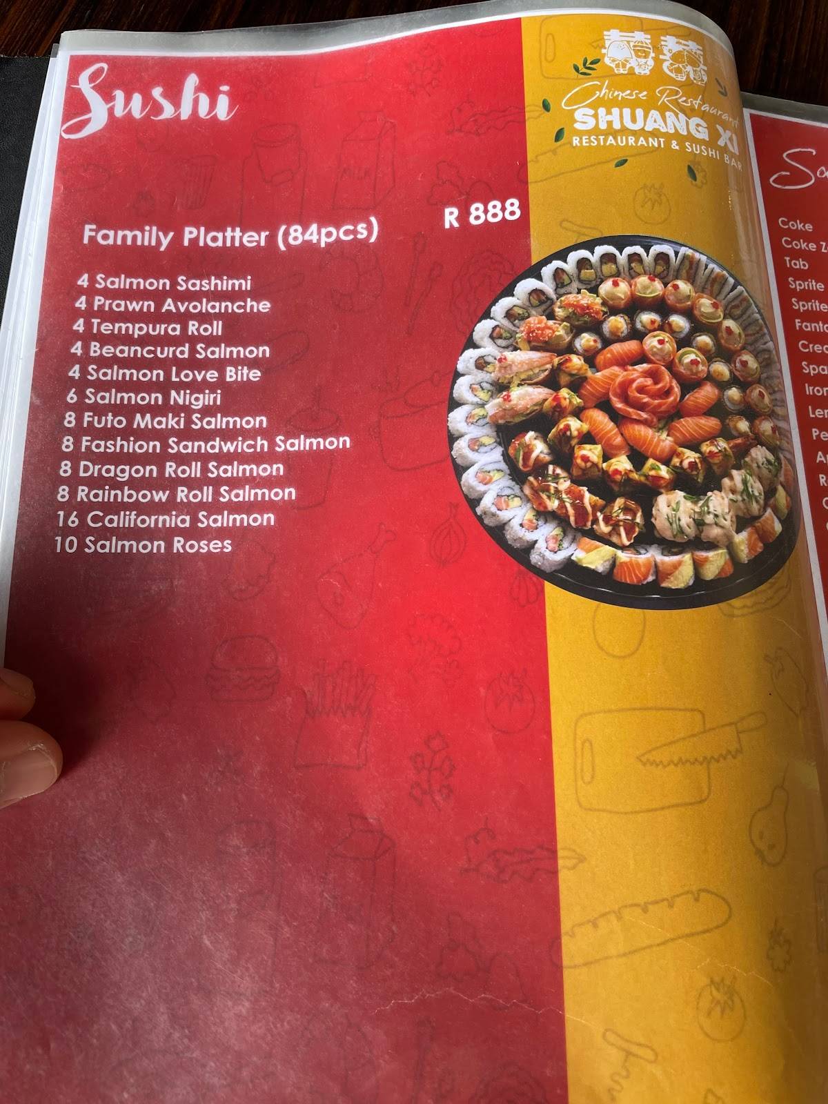 Menu at Shuang XI Chinese & Sushi restaurant, Nelspruit