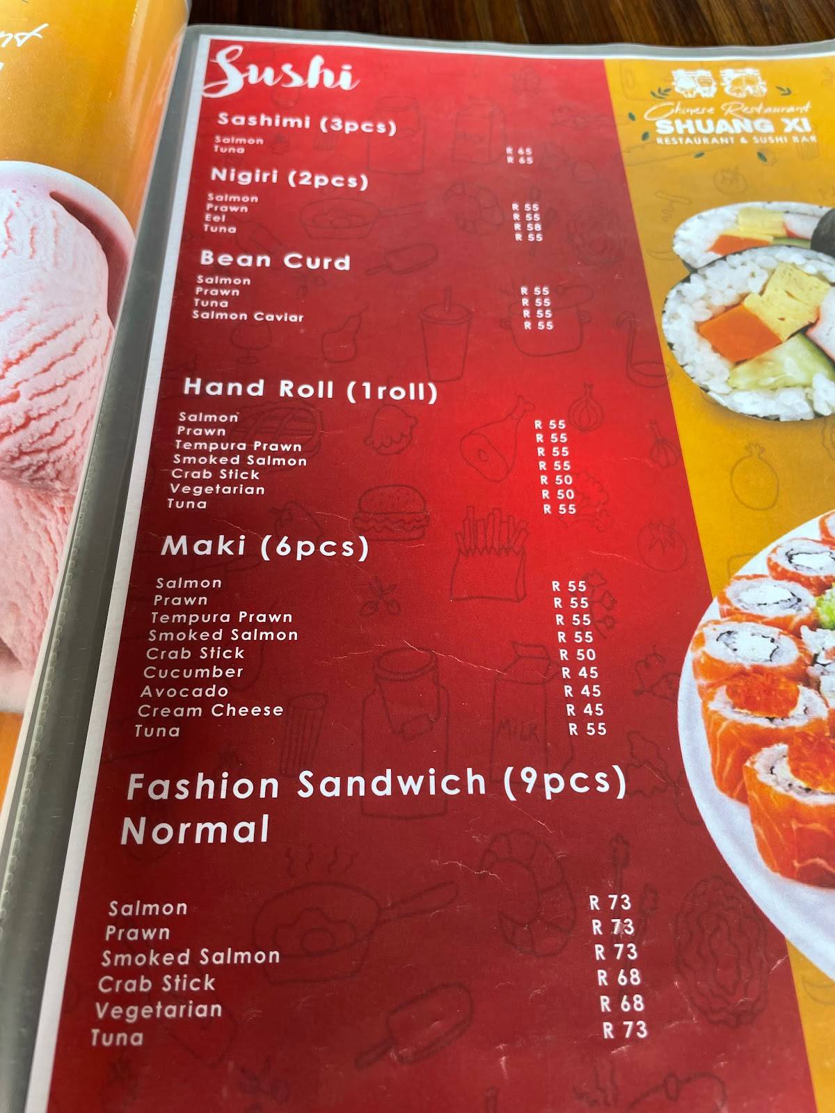 Menu at Shuang XI Chinese & Sushi restaurant, Nelspruit