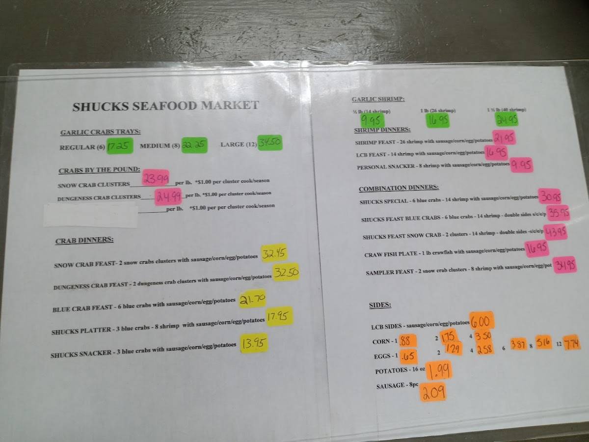 Menu at Shuck's Seafood restaurant, Jesup, 306 N Hickory St