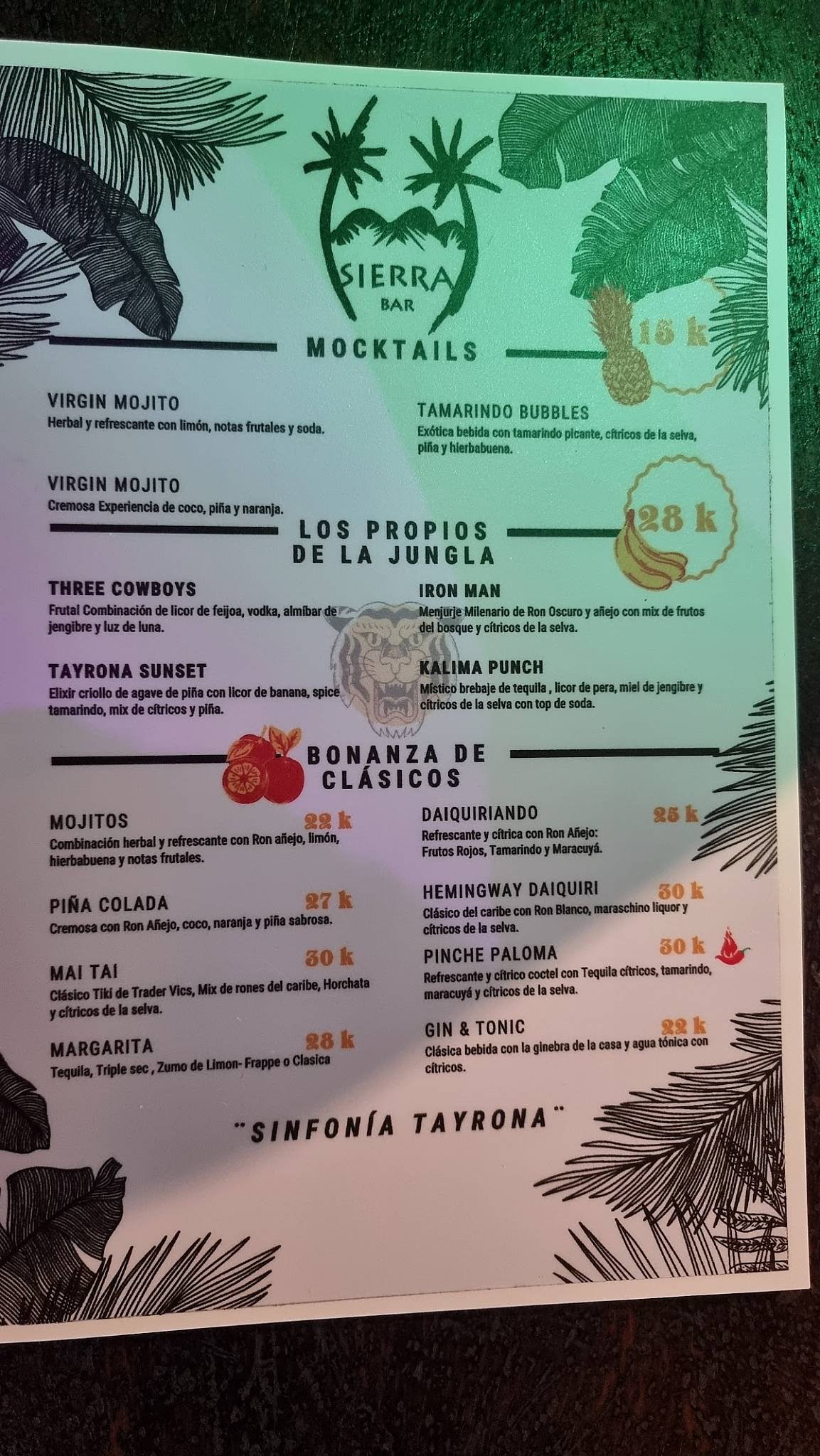 Menu at Sierra Bar, Colombia