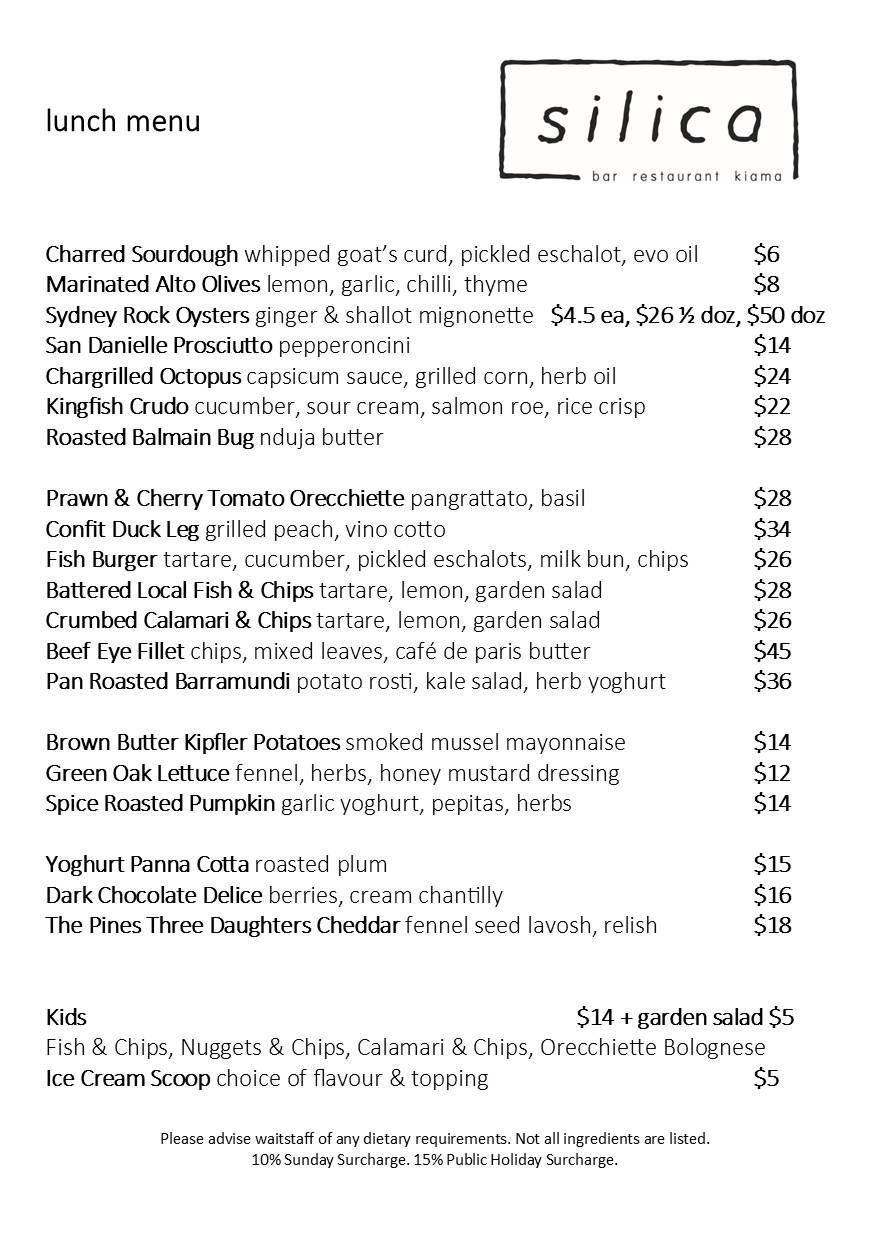 Menu at Silica Restaurant, Kiama