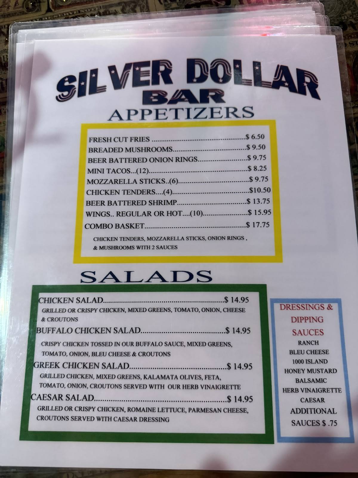 Menu at Silver Dollar Bar, Cody