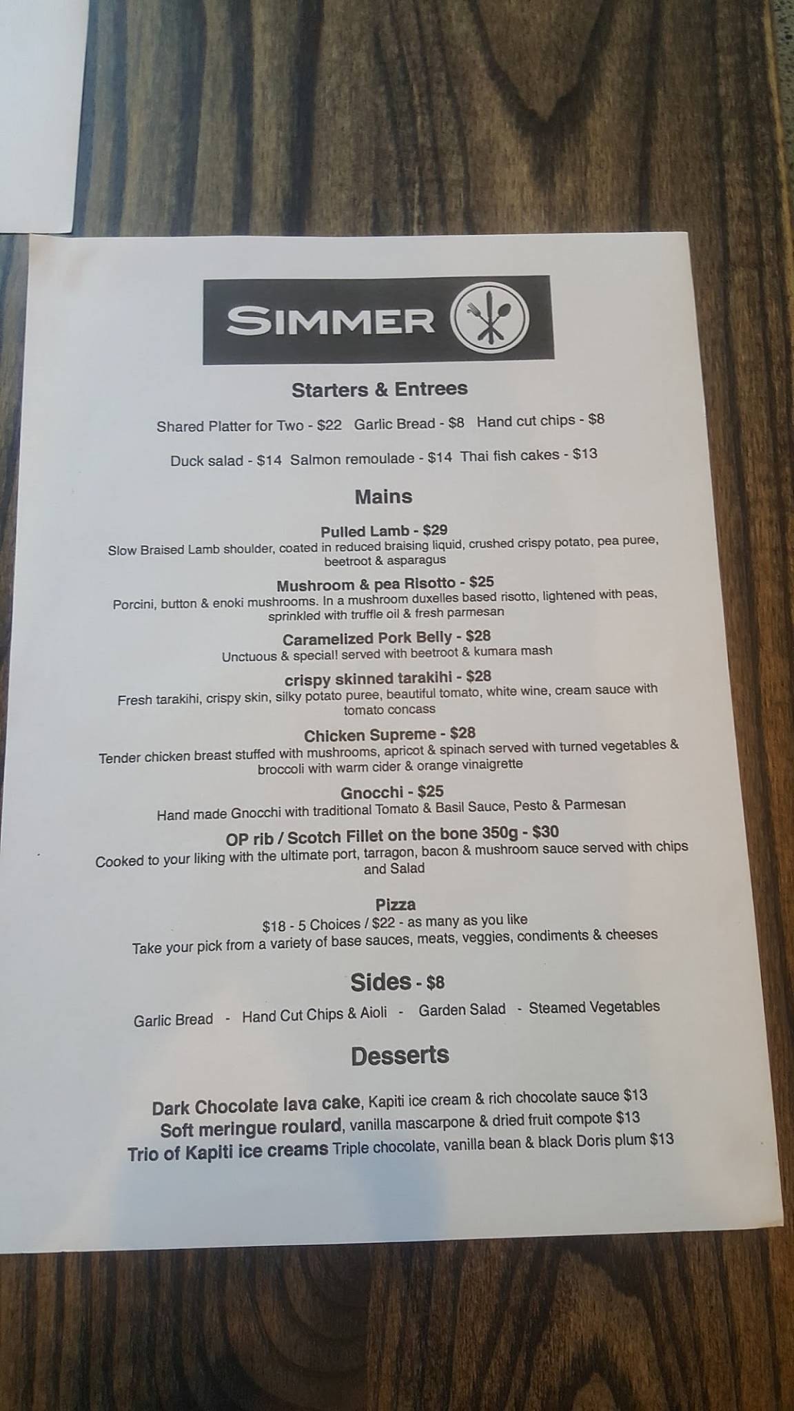 Menu at Simmer Café cafe, Wellington