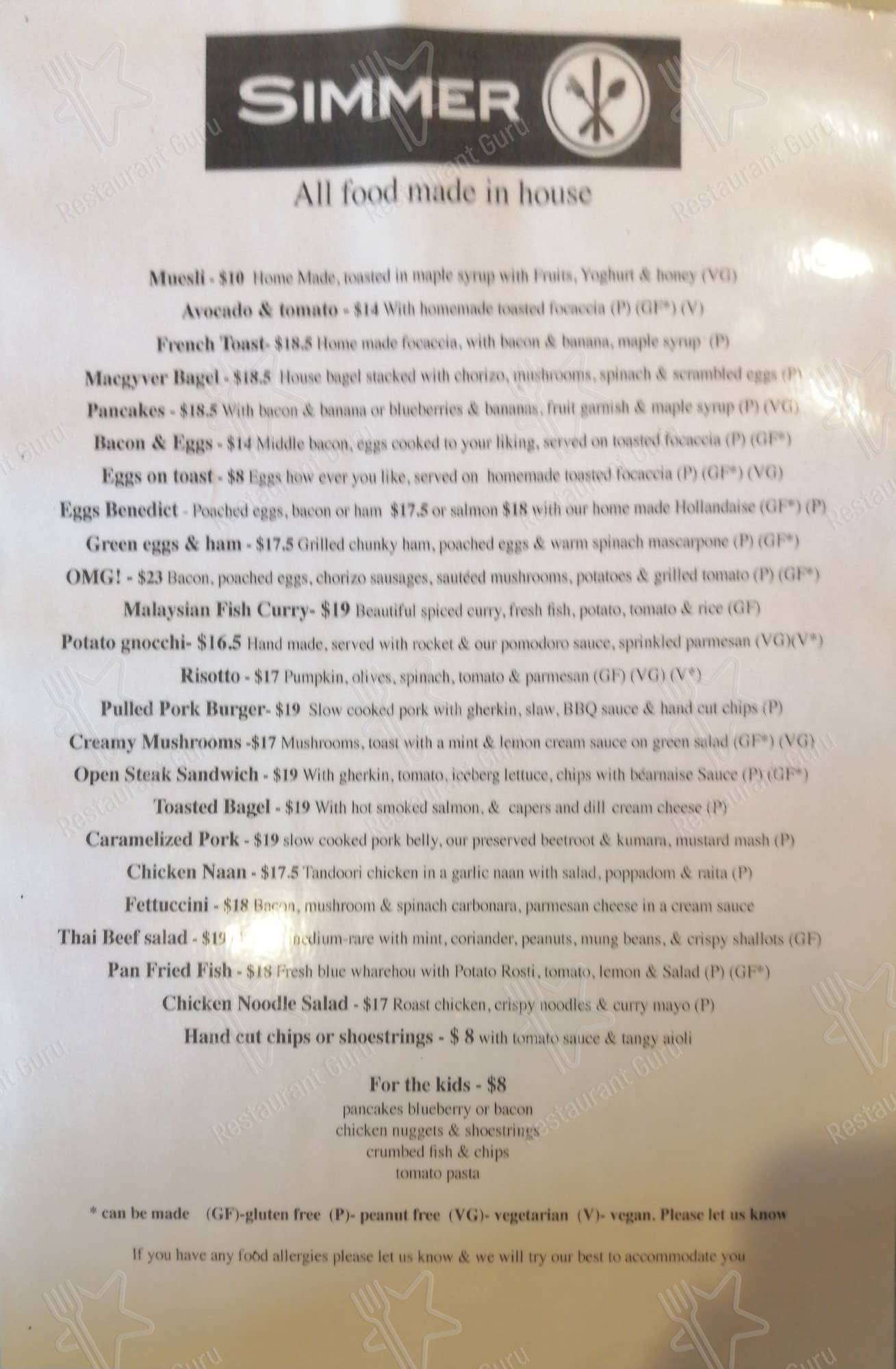 Menu at Simmer Café cafe, Wellington