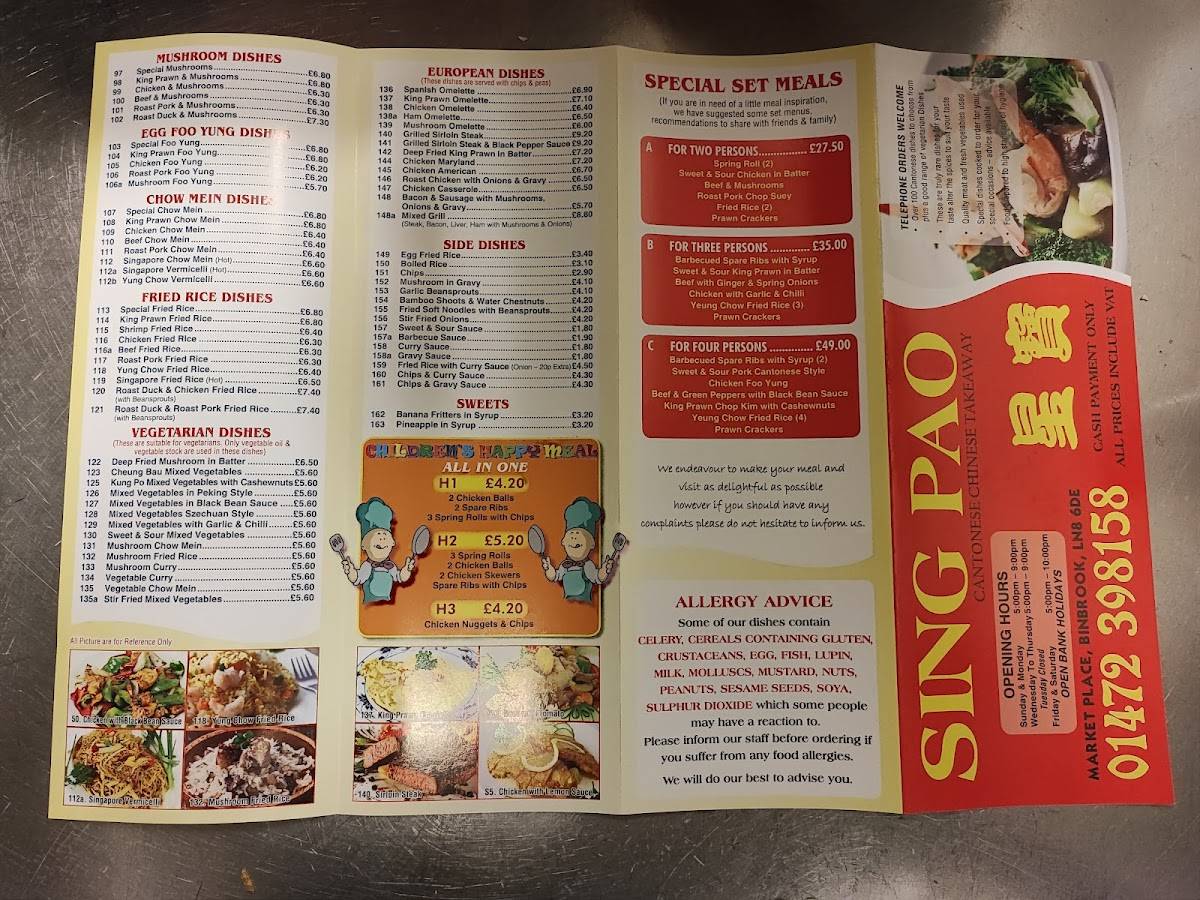 Menu at Sing Pao Chinese restaurant, Binbrook