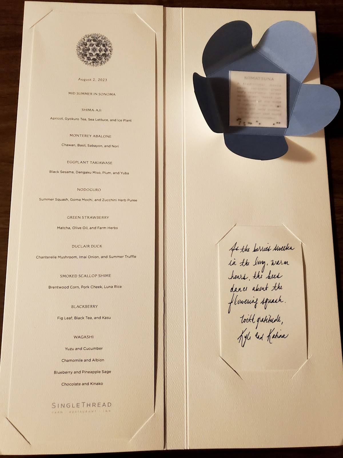 Menu at SingleThread Farm - Restaurant - Inn, Healdsburg