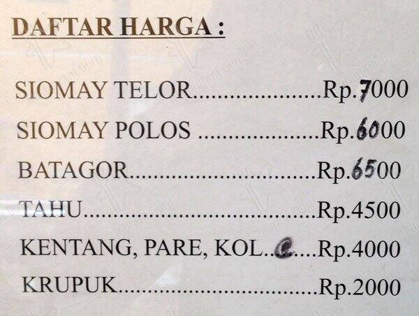 Menu at Siomay Menteng restaurant, Central Jakarta, ITC Cempaka Mas ...