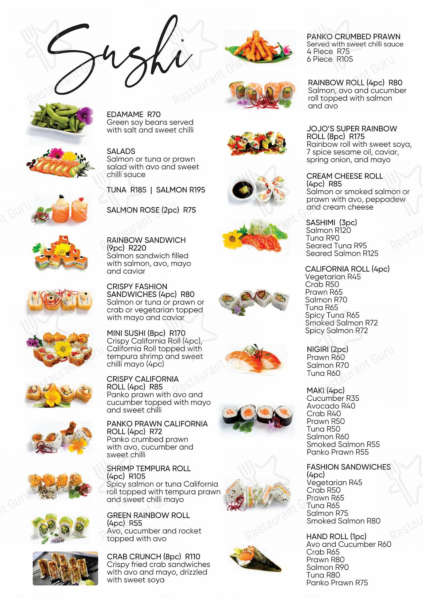Menu at Sirocco restaurant, Knysna, 28