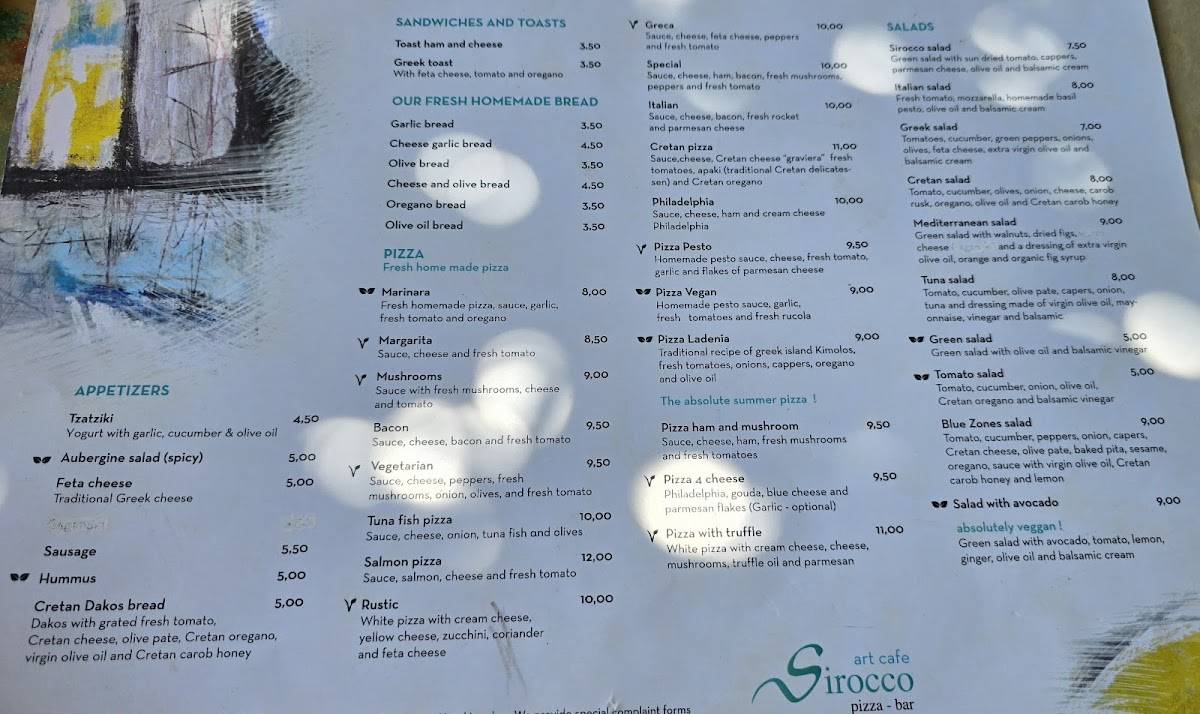 Menu at Sirocco, Agios Nikolaos