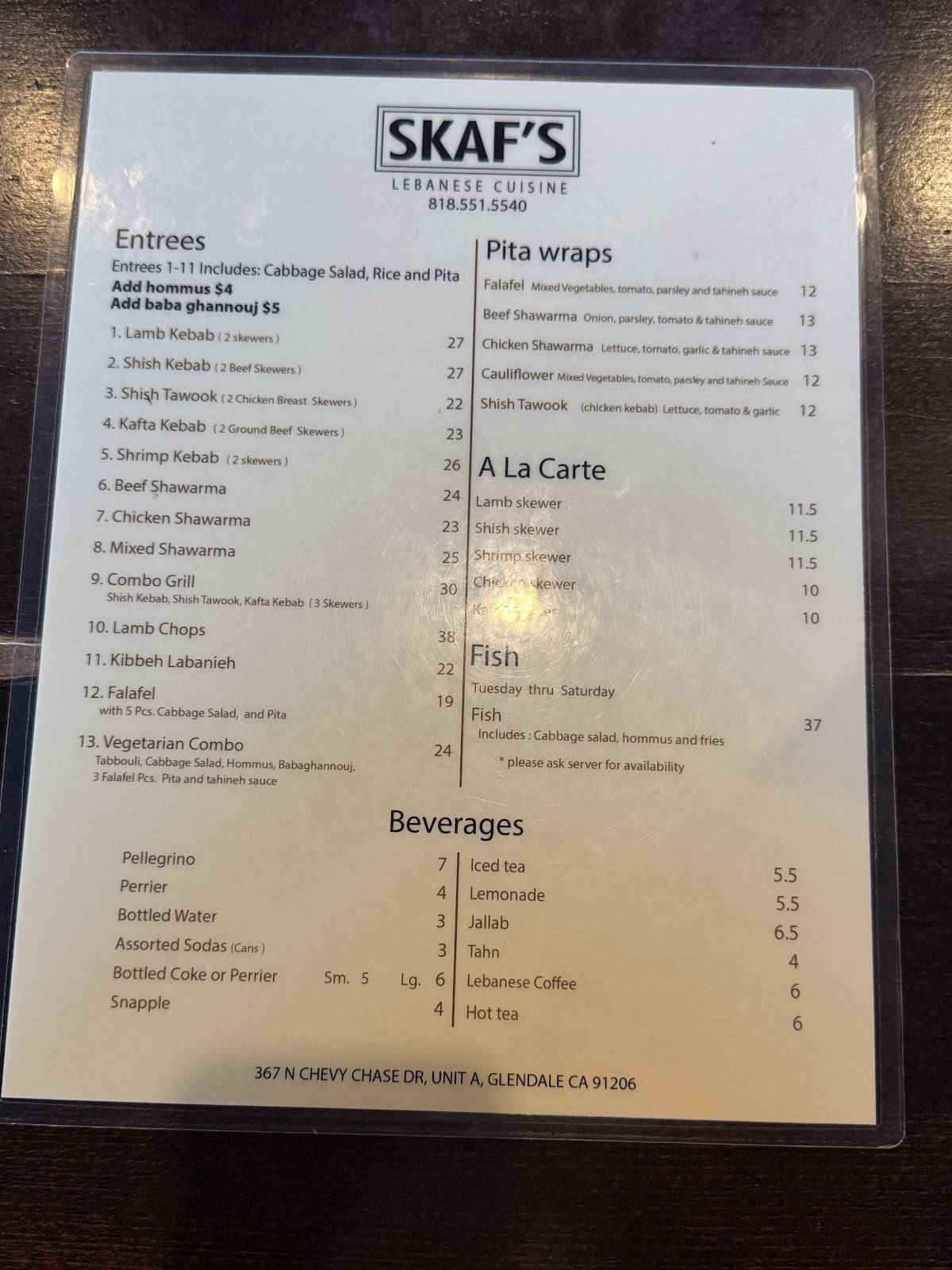 Menu at Skaf's Lebanese Cuisine restaurant, Glendale, 367 N Chevy Chase Dr