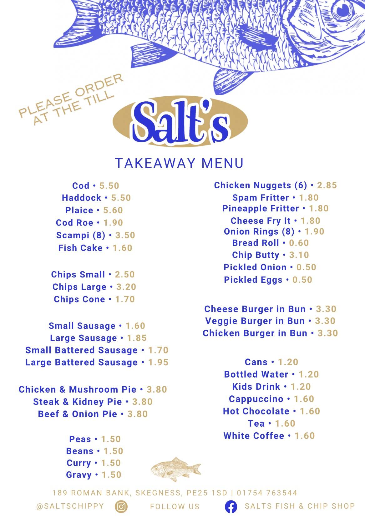 Menu at Salts Fish & Chip Shop fast food, Skegness