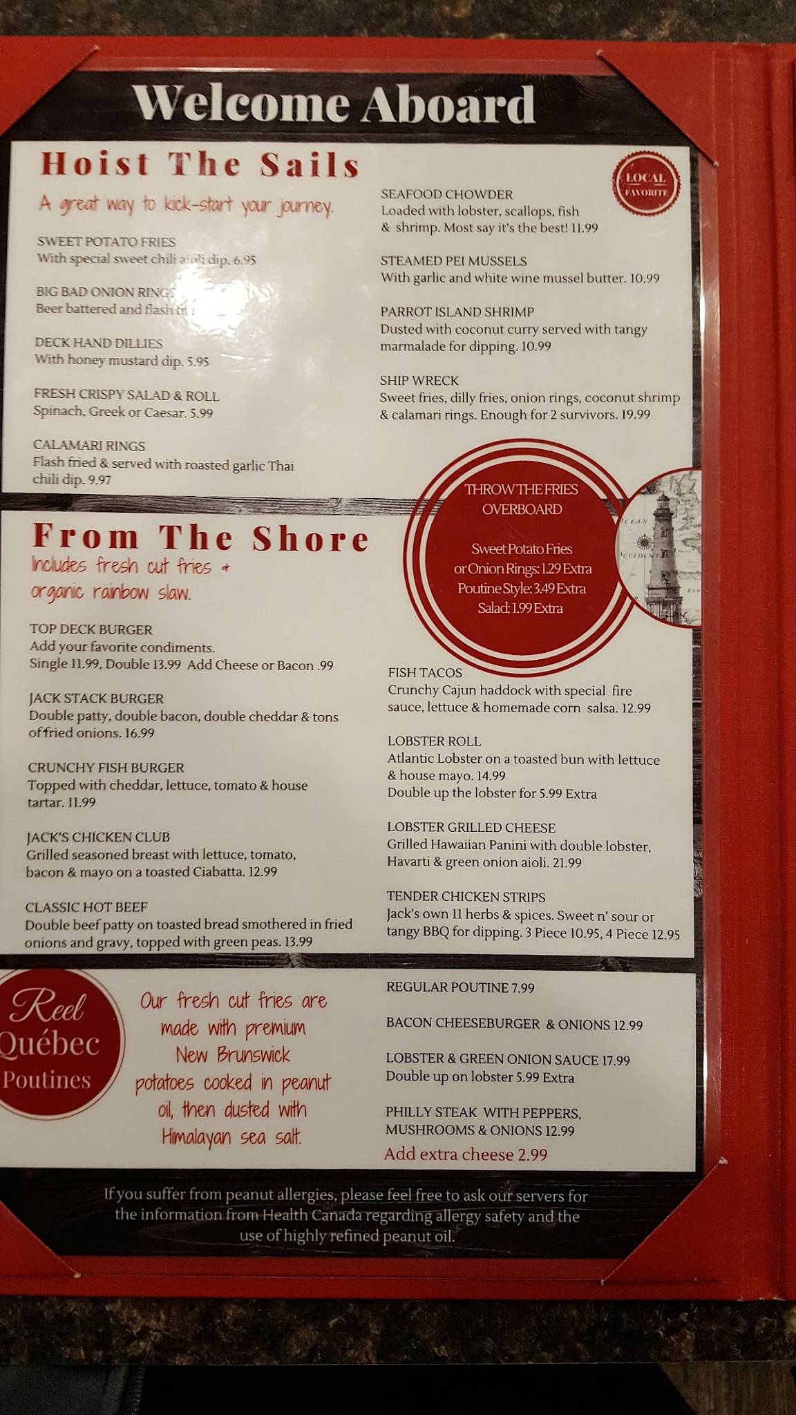 Menu at Skipper Jack's Maritime Restaurant, Moncton