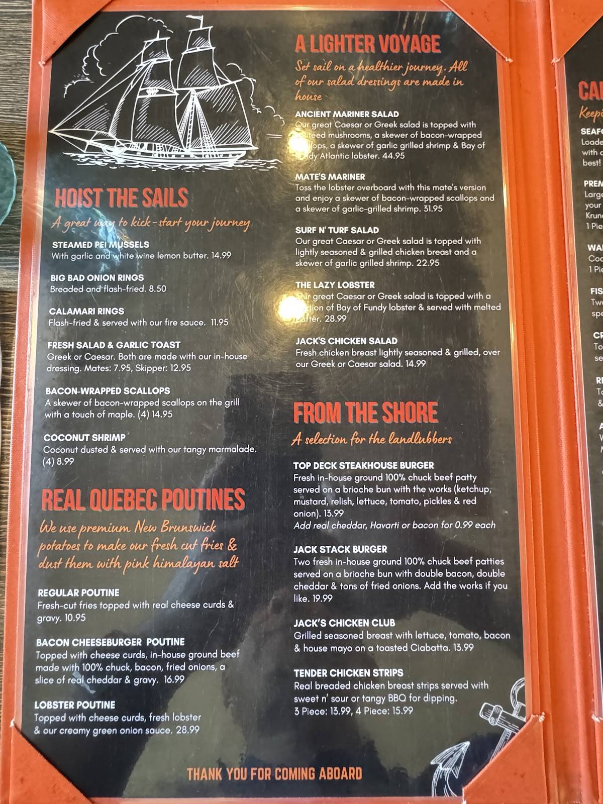 Menu at Skipper Jack's Maritime Restaurant, Moncton