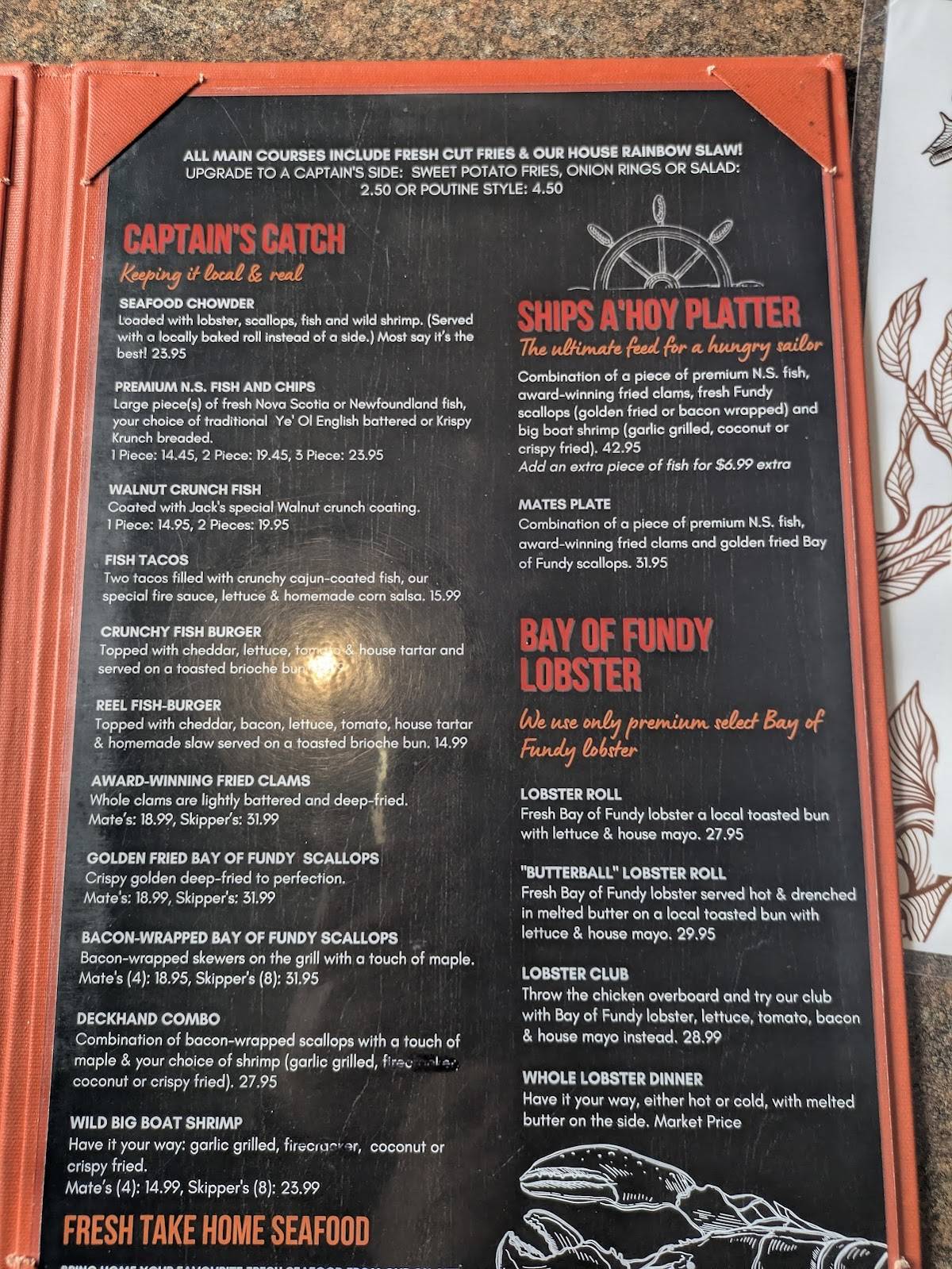 Menu at Skipper Jack's Maritime Restaurant, Moncton
