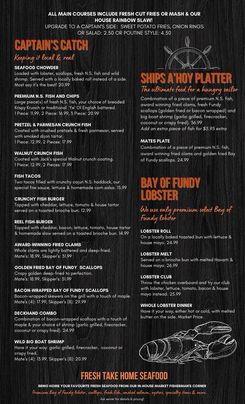 Menu at Skipper Jack's Maritime Restaurant, Moncton