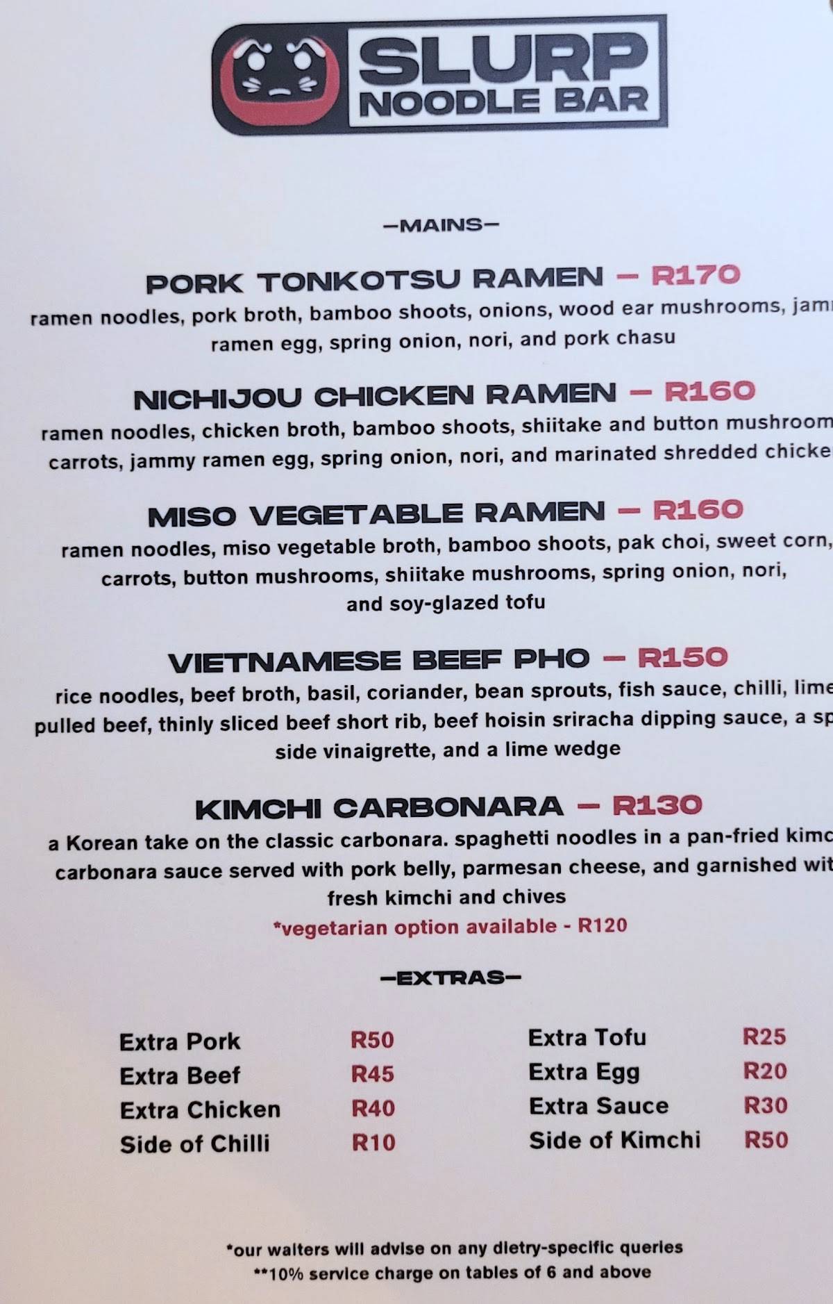 Menu at Slurp Noodle Bar, Stellenbosch