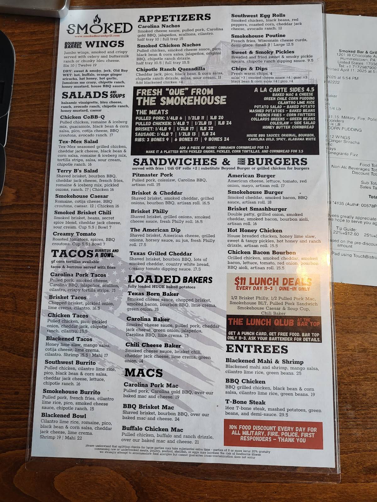 Menu at Smoked Bar & Grill, Hummelstown