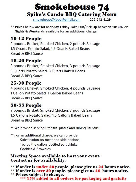 Menu at Smokehouse 74 BBQ, Saint Gabriel