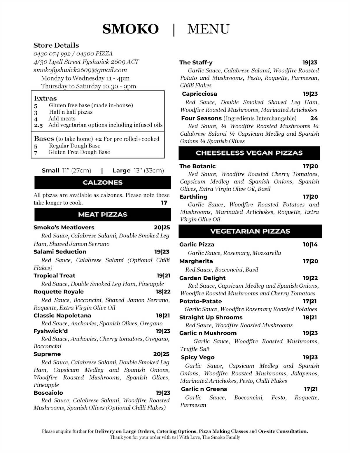Menu at Smoko Woodfired Pizza pizzeria, Fyshwick