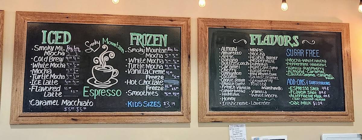 Menu at Smoky Mountain Espresso cafe, Sevierville