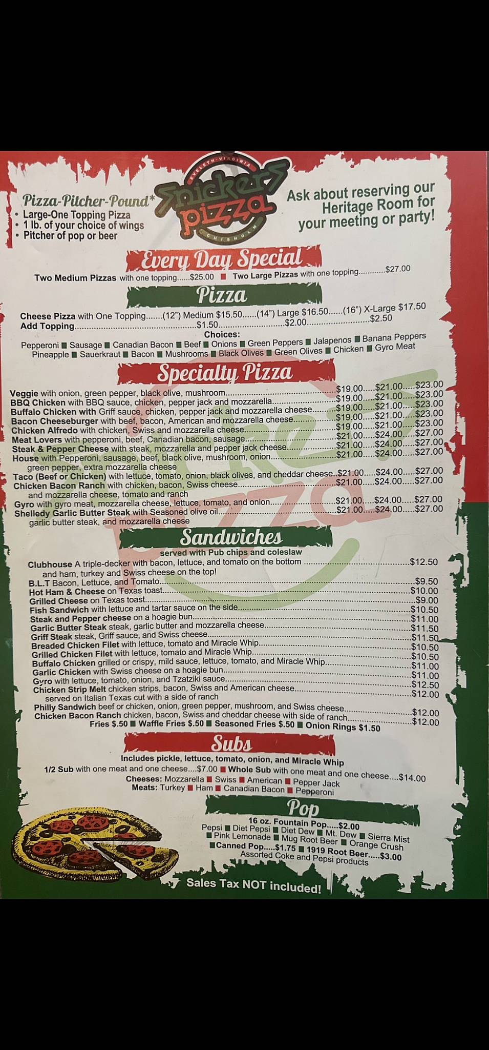 Menu at Snickers Pizza & Pub, Chisholm