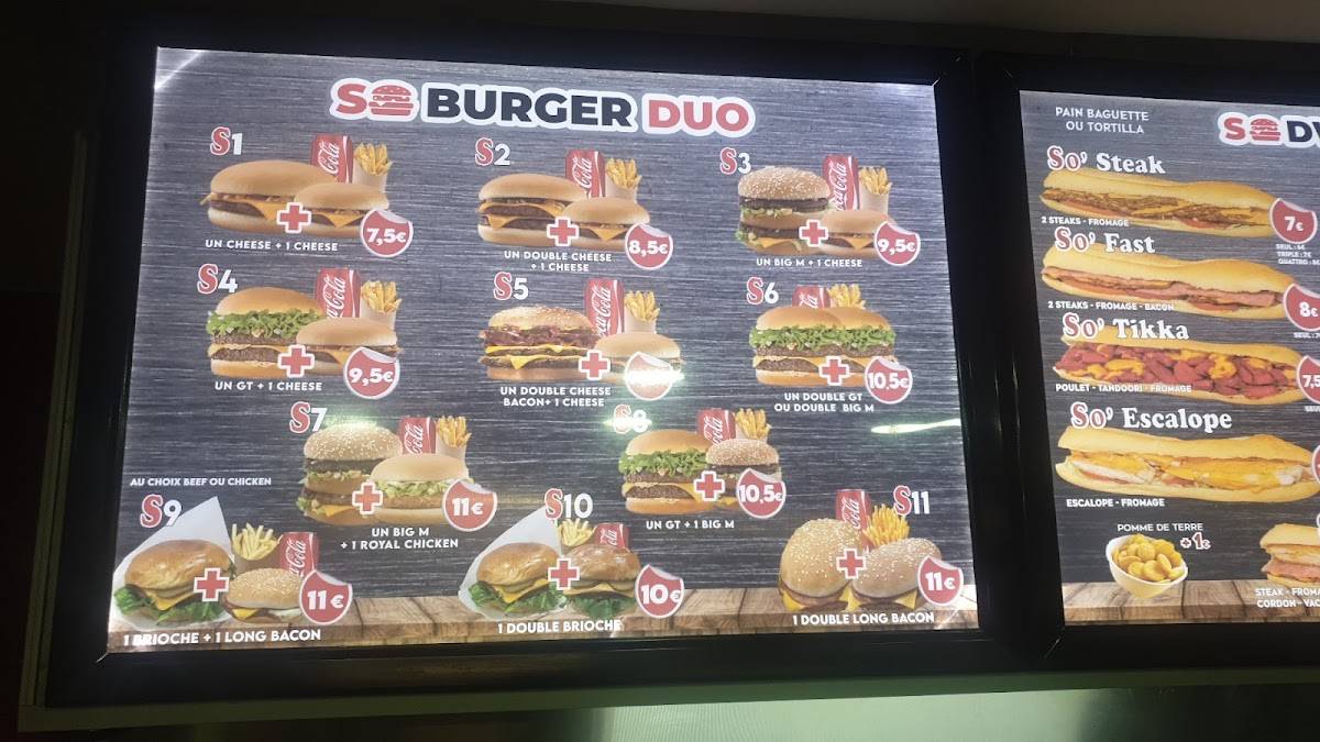 Menu au So Food Burgers & Braisé restaurant, Stains