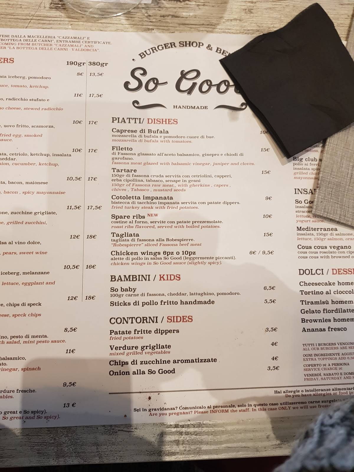 Speisekarte von So Good - Burger Shop & Beer restaurant, Cambiago