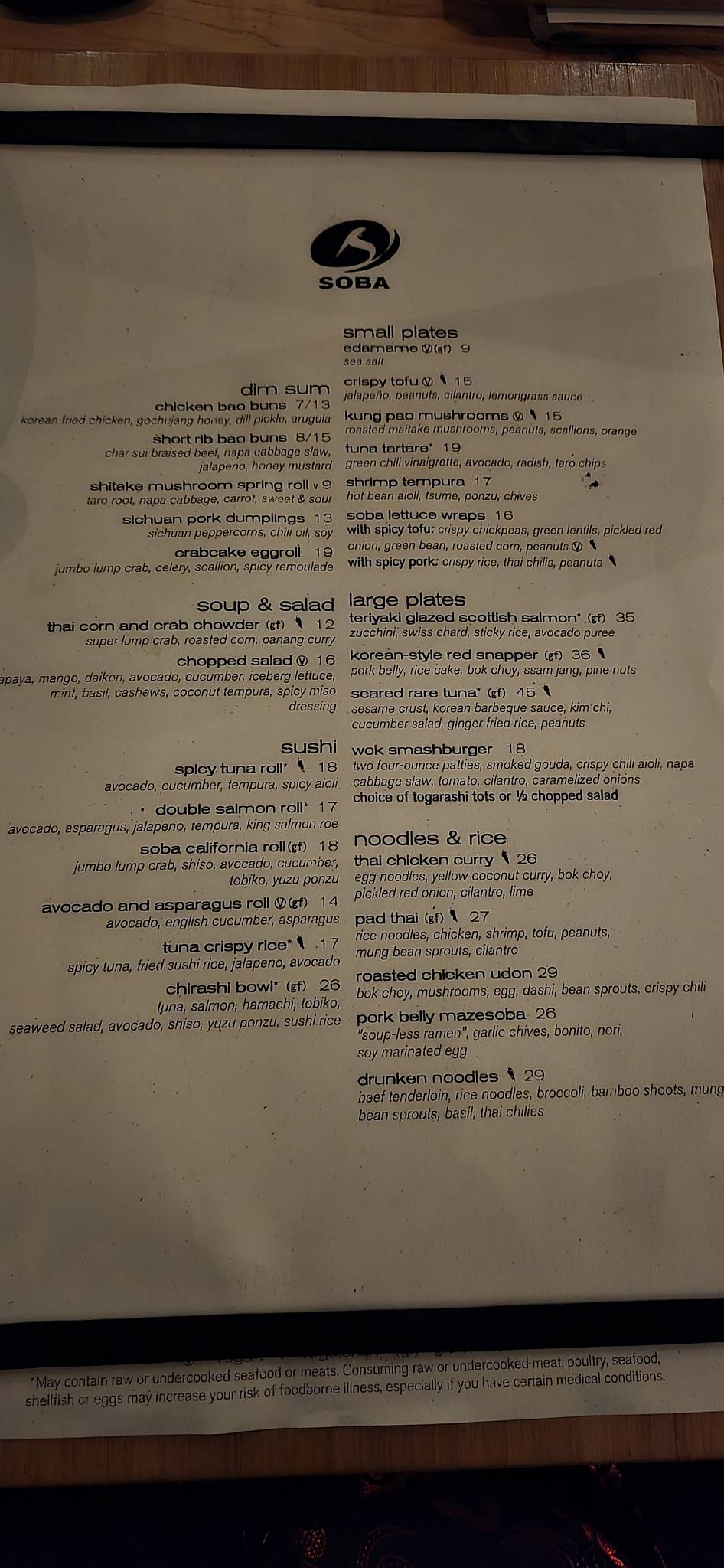 Menu at Soba restaurant, Pittsburgh