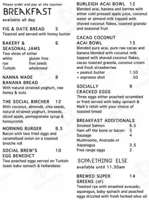 Menu at Social Brew cafe, Burleigh Heads, 34-36 James St