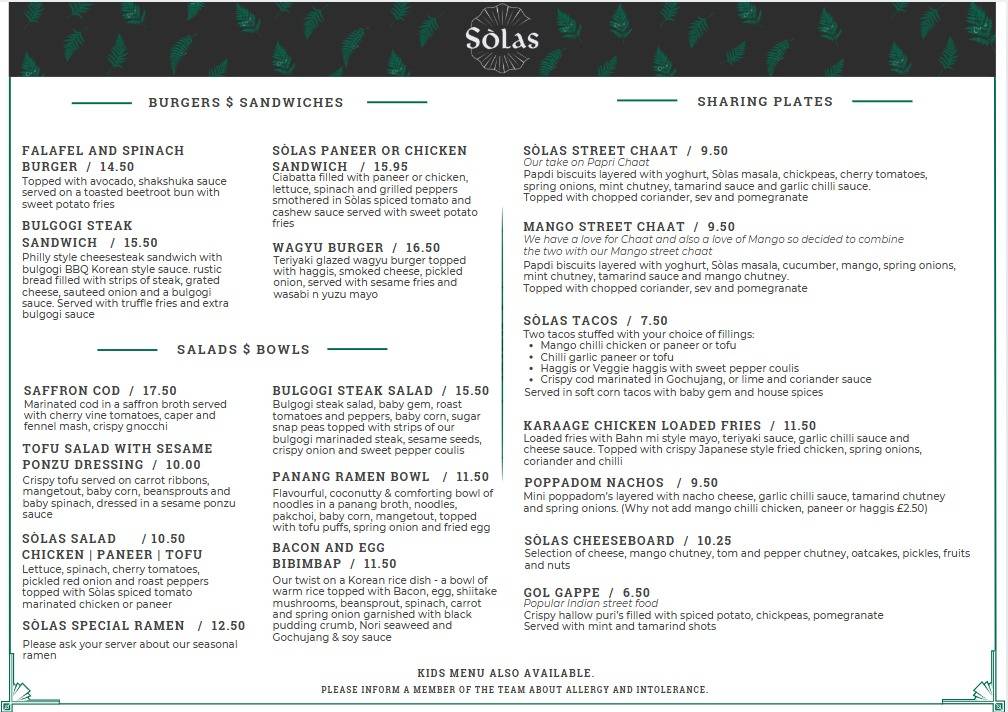 Menu at Sòlas-Kitchen restaurant, Dunfermline
