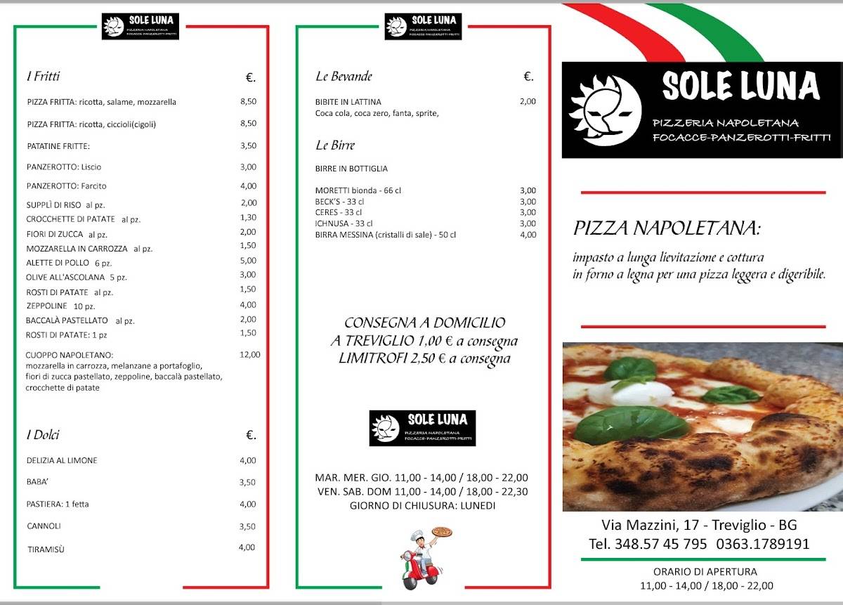 Menu da Sole luna pizzeria, Treviglio, Via G. Mazzini