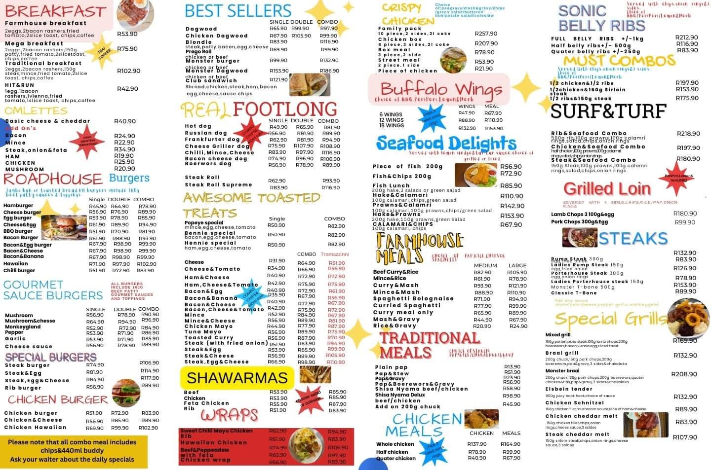 Menu at Sonic Roadhouse restaurant, Vereeniging