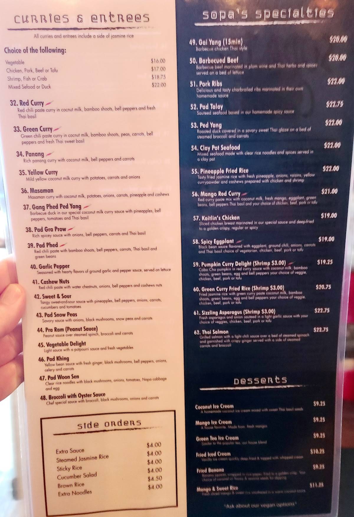 Menu at Sopa Thai Cuisine restaurant, Nevada City