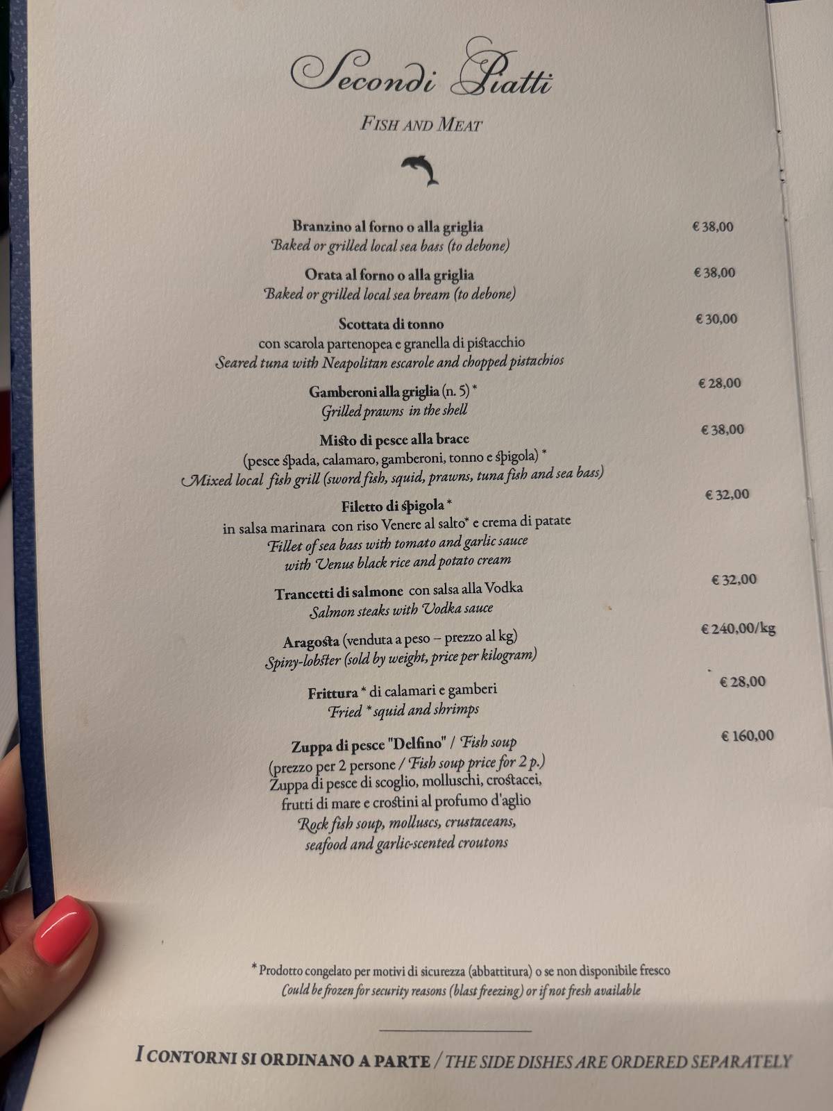 Menu at Bagni Delfino restaurant, Sorrento
