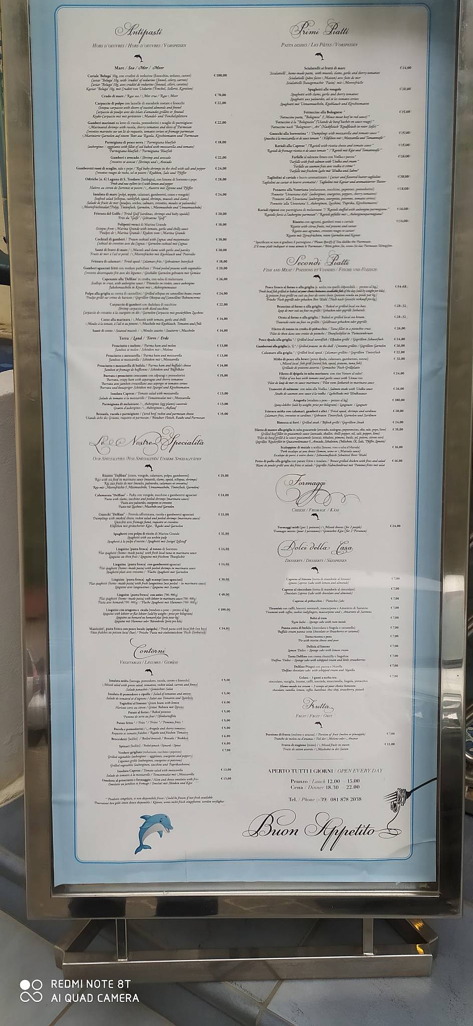 Menu at Bagni Delfino restaurant, Sorrento