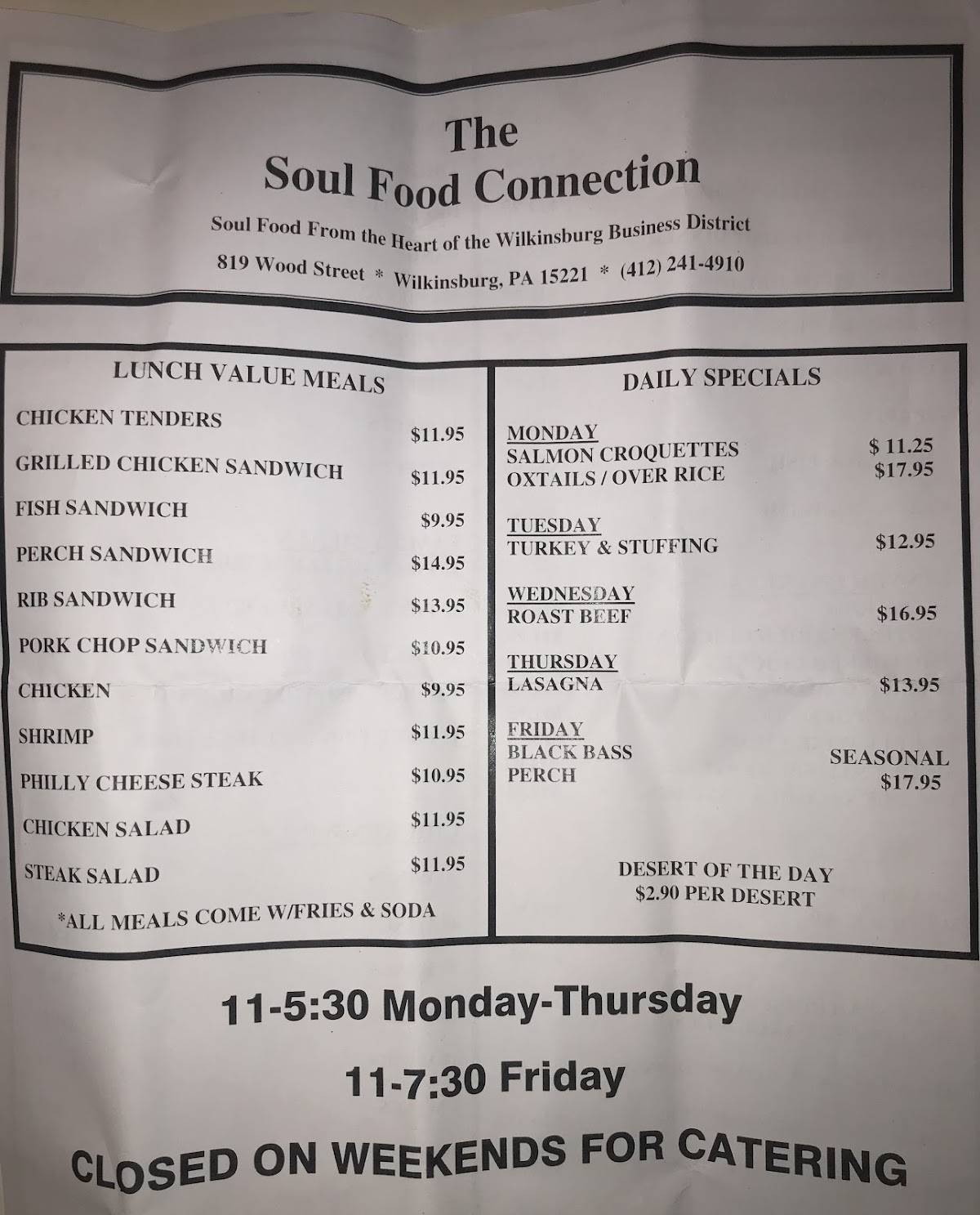 Menu at Soul Food Connection restaurant, Pittsburgh